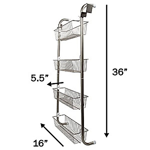 Bodico Shower Organizer Four-Tier Over-The-Door Metal Bathroom Storage Basket & Organizer, 16 x 36 inches, Silver, 5.5
