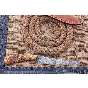 HUNTEX Handmade Hand-Forged Twist Pattern Damascus Steel 11.5 Inch Long Full Tang Olive Wood Handle Razor Sharp Hunting Camping Fillet Knife w/Genuine Leather Pouch