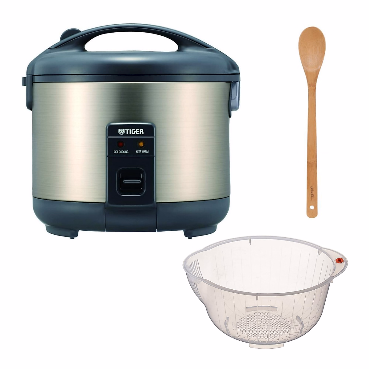 Tiger JNP-S55U 3-Cup Capacity White Rice Cooker with Spatula and Measuring Cup Bundle with Rice Washing Bowl and Bamboo Spoon (3 Items)