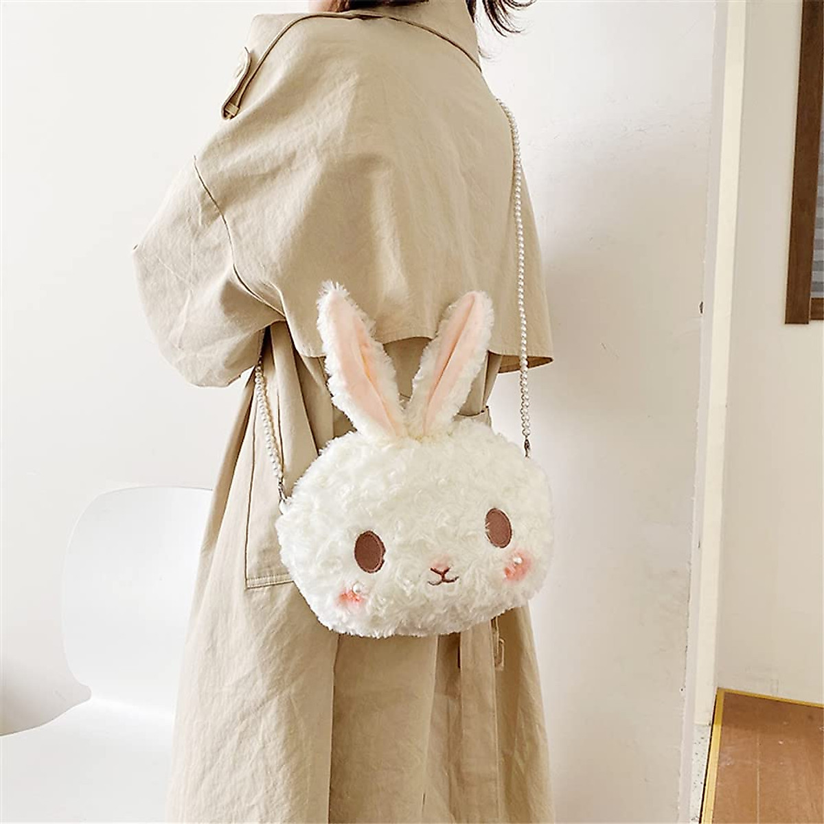 JIANEEXSQ Cute Bunny Crossbody Bag Kawaii Fluffy Plush Rabbit Animal Purse Lovely Lolita Girl Handbag Kids Teenagers Wallets (Pearl Chain), White