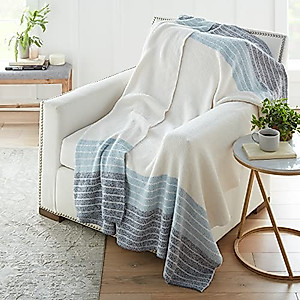 Crafted by Catherine Heathered Border Cozy Knit Throw Blanket 60" x 70" Inches, Soft Comfy Decorative Throw for Couch Bed Sofa Travel, Stripe Cream and Blue