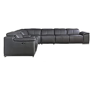 Blackjack Furniture Venice 7 Piece Italian Leather Sectional Sofa with 3-Power Recliners, Adjustable Headrest, Lumbar Support, USB and Wireless Charging Station, Extra Large Storage, 1 Console, Gray