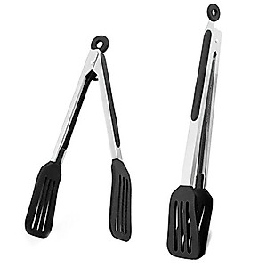 STARUBY Cooking Tongs 9 inches and 12 inches Stainless Steel Kitchen Silicone Serving Tongs Heat Resistant Meat Turner Spatula Tongs Fish Tongs with Locking Handle Joint (Black)