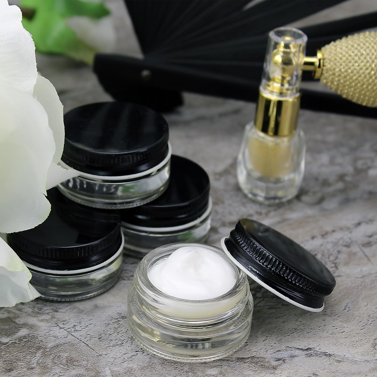 Cornucopia Brands 7-Milliliter Glass Lip Balm Jars (24-Pack).25-Ounce Thick-Walled Containers (7ml Clear with Black Metal Lids)