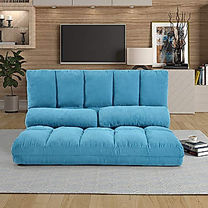 TMEOSK Double Chaise Lounge Sofa with 2 Pillows, 5-Position Reclining Folding Lazy Sofa Sleeper Bed Futon Bed Sofa Couches for Boys|Girls|Teens|Adults |Bedroom|Living Room|Balcony (Blue)
