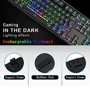 Wireless Rechargeable Backlit Keyboard and Mouse Combo,Soke-Six 2.4G Full-Size Mechanical Feel Gaming Keyboards with USB 2400DPl Mice,Adjustable Breathing Lamp,Anti-Ghosting (Black& Mix Light)