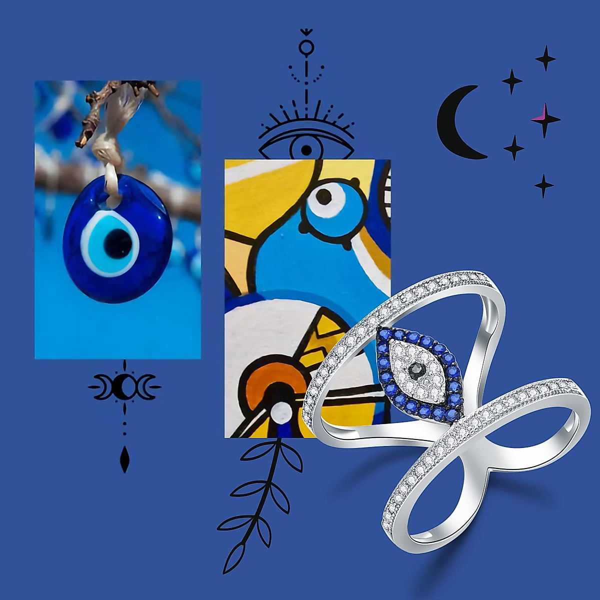 PEIMKO Evil Eye Ring Spiritual Turkish Double Band Ring Size7/8/9 Sterling Silver Blue Evil Eye Rings Round Evil Eye Ring Greek Evil Eye Protection Ring for Women(9)