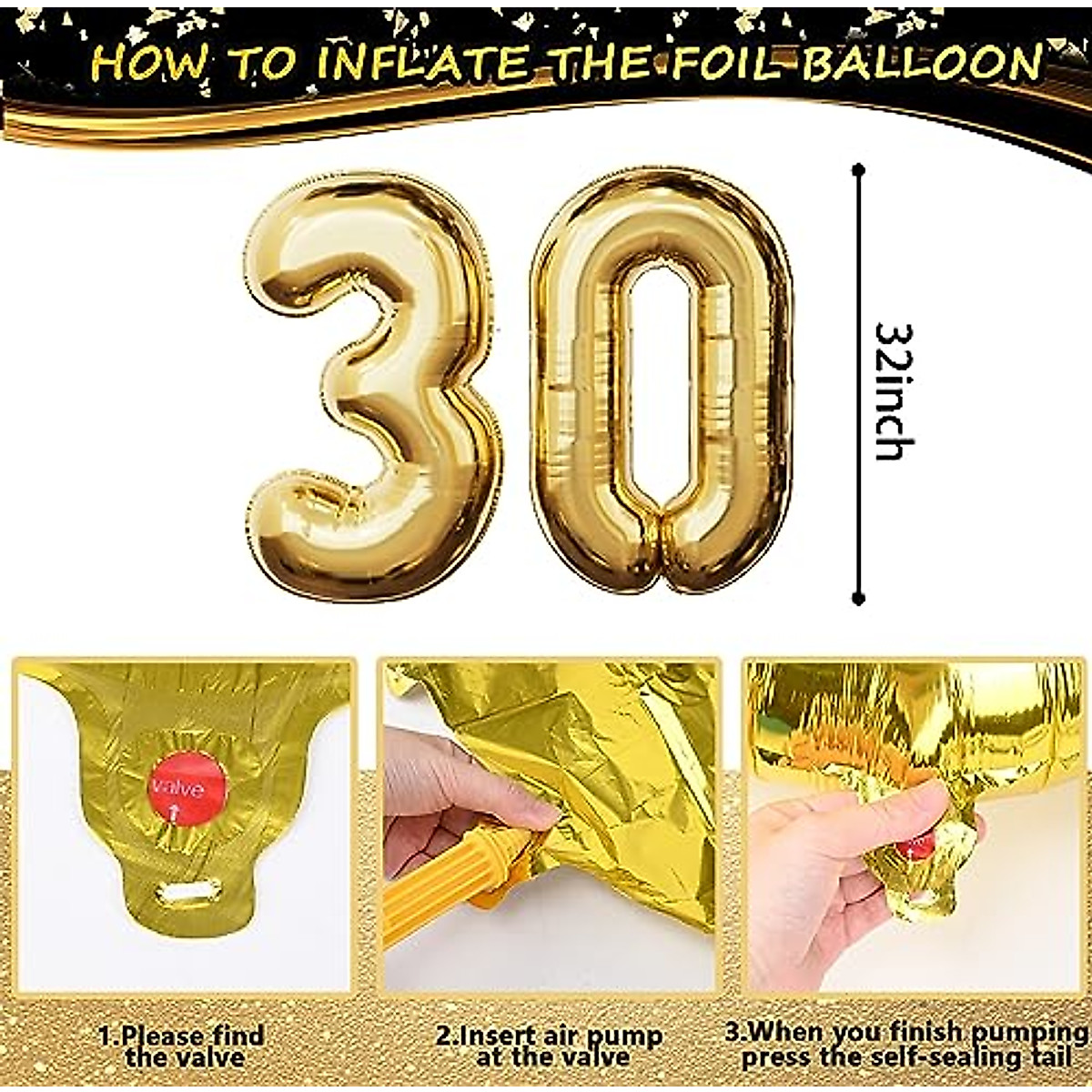 30th Birthday Decorations for Him Men , Black and Gold 30th Birthday Balloons Party Decorations with 30th Happy Birthday Banner，Black and Gold Balloons Black Gold Decor for 30th Birthday Party