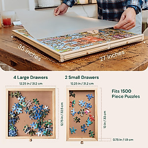 PlayVibe 1500 Piece Rotating Puzzle Board with Drawers and Cover - Sturdy Jigsaw Puzzle Table with 6 Drawers 26" x 35" - Portable Puzzles Boards with Lazy Susan, Wooden, Spinning Puzzles Accessories