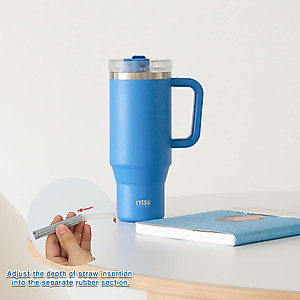 Tyeso 30 oz Tumbler with Handle, Straw and Lid - Leak Resistant Insulated Stainless Steel Water Bottle, Car Cup Holder Friendly Travel Coffee Mug Blue - Gifts for Men & Women