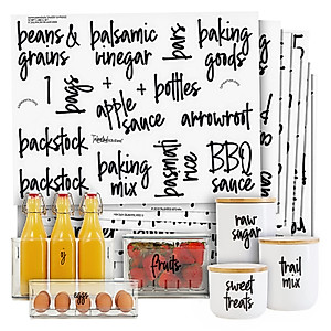 Talented Kitchen 158 Pieces Food Storage Labels for Glass Kitchen Containers, Preprinted Black Script on Clear Stickers for Fridge, Freezer, Pantry Organization (Water Resistant)