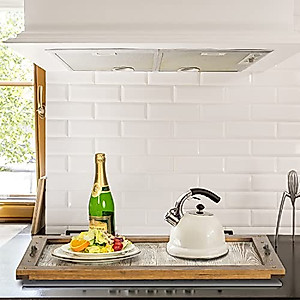 MyGift 30 inch Wood Stove Tray, Solid Burnt Brown and Whitewashed Noodle Board Wooden Stove-Top Cover, Oversized Large Serving Tray with Vintage Metal Handles