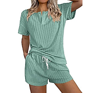 Ekouaer Ribbed Knit Lounge Sets for Women 2 Piece Outfits Short Sleeve Top and Shorts Pajama Sets Tracksuit Sweatsuits Green