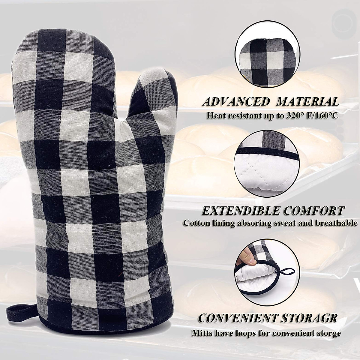 Oven Mitts and Pot Holders Set, Heat Resistant Long BBQ Gloves with Non-Slip Surface for Safe Kitchen Cooking Baking Grilling (Black)