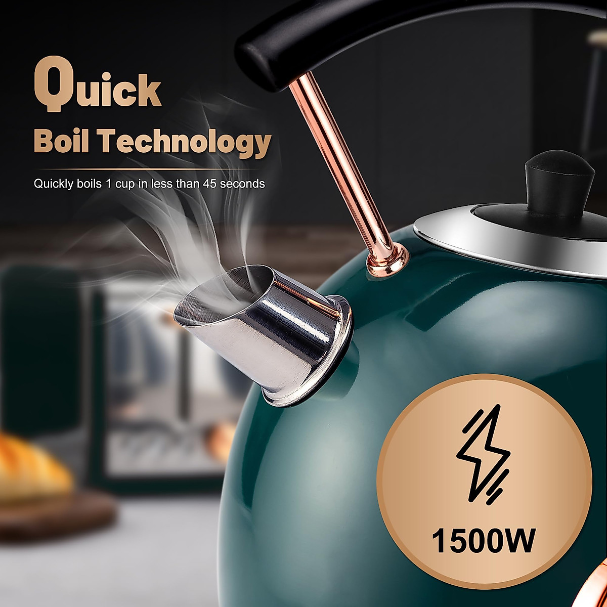 Pukomc 1.8L Electric Water Kettle with Temperature Gauge, Hot Water Boiler & Tea Heater with Curved Handle, Visible Water Level Line, Led Light, Auto Shut-Off&Boil-Dry Protection,Green