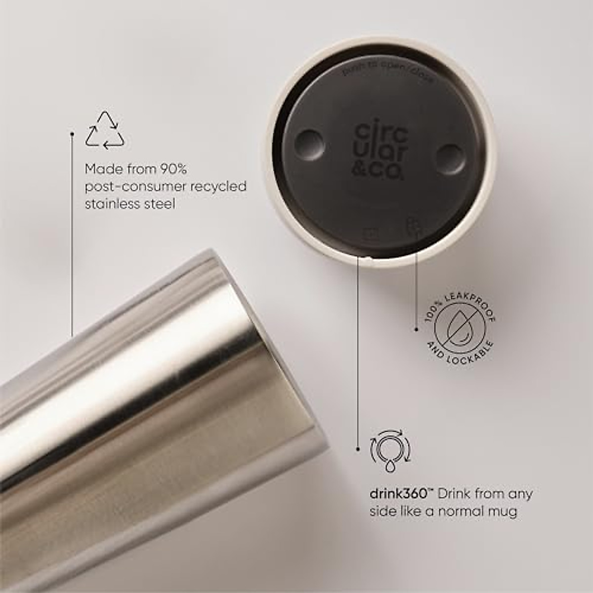 Circular & Co Stainless Steel Coffee Cup - 12oz - Insulated Reusable Travel Mug - Made from Recycled Stainless Steel - 100% Leakproof Coffee Mug - Fully Lockable - Insulated for 6 Hours