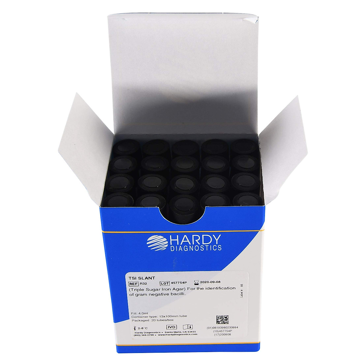 TSI (Triple Sugar Iron) Agar Slant, for the Identification of Enteric Bacteria, 4ml Fill, 13x100mm Tube, Order by the Package of 20, by Hardy Diagnostics