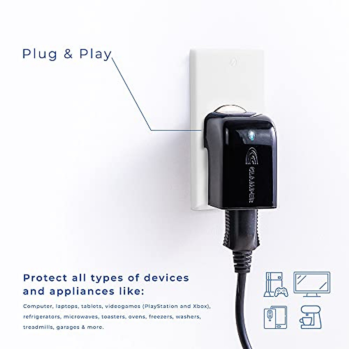 Clamper Single Outlet Surge Protector Right Angle & Space Saving, 1800 Joules, 1875W, for TV, PC, Xbox, PS5, Refrigerators and Other Appliances (Wall Surge Protector),1-Pack in Black