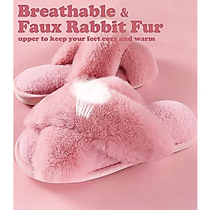 Women Pink Fuzzy Fluffy Slippers-Ankis Soft Cozy Plush Fuzzy Slippers Faux Rabbit Fur Memory Foam Furry Open Toe Breathable Fuzzy Slippers Bedroom Warm Comfy Cross Band Slippers for Women House Indoor