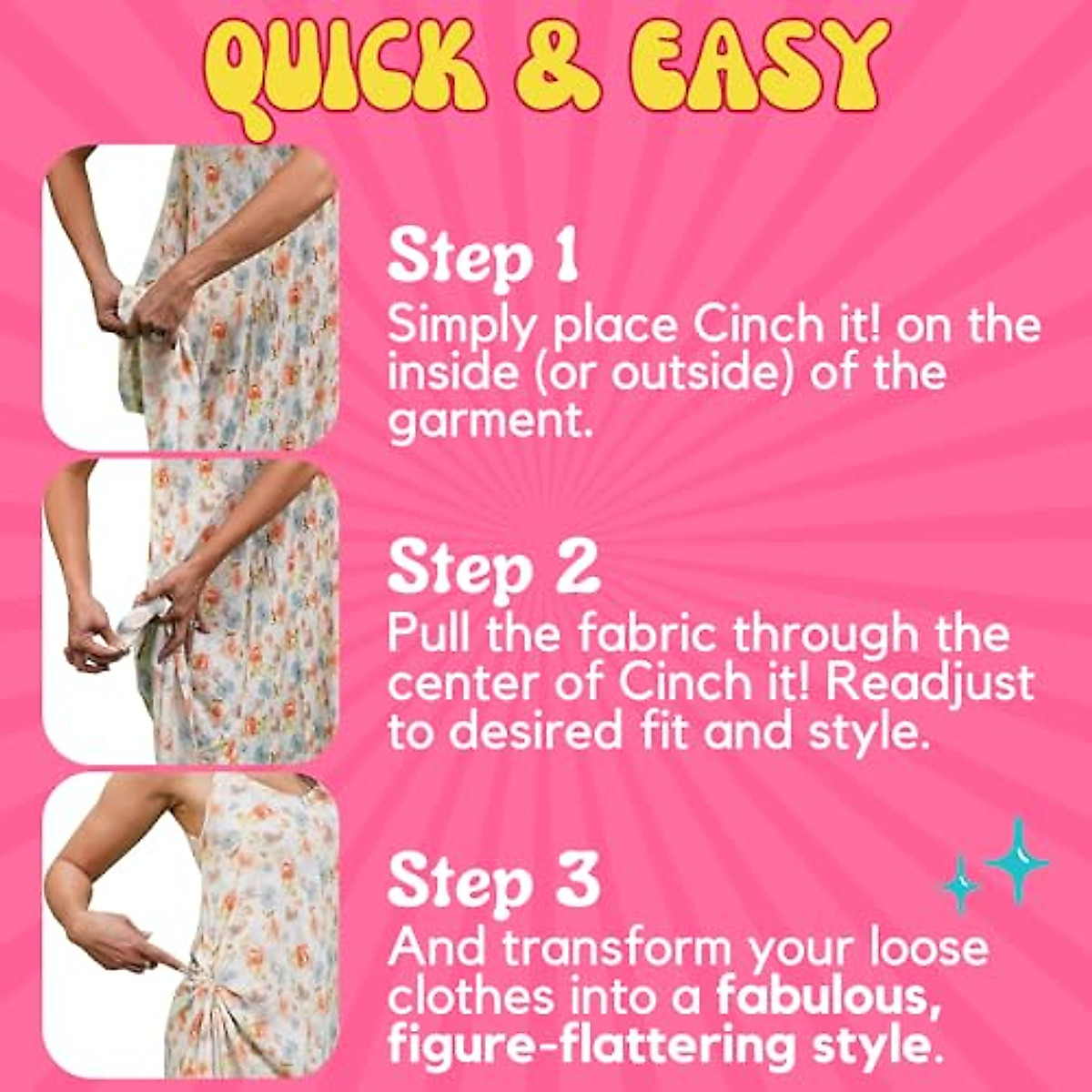 Cinch It! Women’s Clothing Cinch Clips (3-Pack, 2 Small Clips & 1 Big) - Perfect Dress Cinch Clip & Shirt Cincher Clip – Waist Cincher Clip for Slimming Down - Fashion Accessories for Women