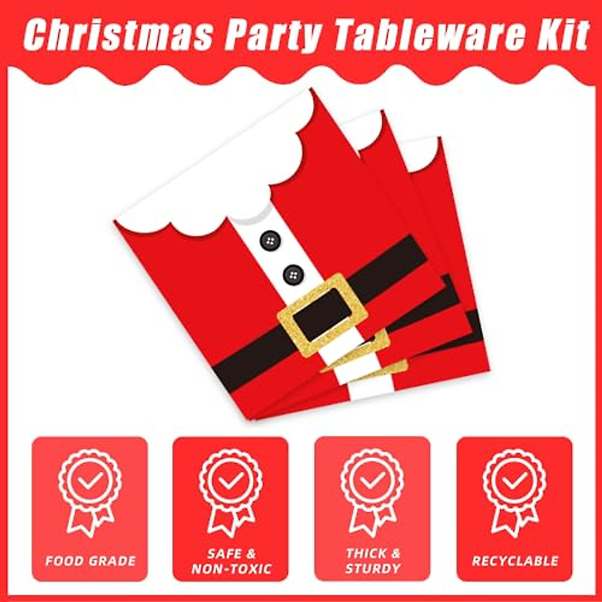 Kepeel 96 Pcs Santa Christmas Paper Plates Santa Claus Suit Disposable Party Plates Napkins Set Merry Christmas Holiday Dinnerware Party Decoration Supplies, Serves 24