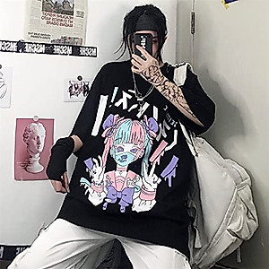 Women Summer Gothic T-Shirt Anime Aesthetic Print Harajuku Fashion Casual Tops (Black3, XL)