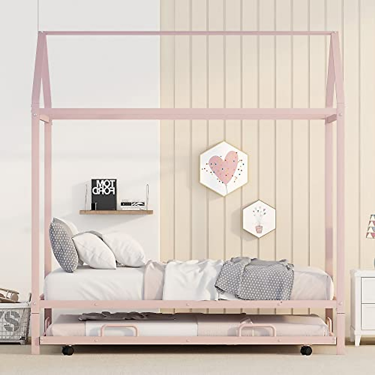 Merax Cute Montessori Bed with Trundle Twin, Metal Low House Daybed for Kids No Box Spring Needed/Space Spaving Pink