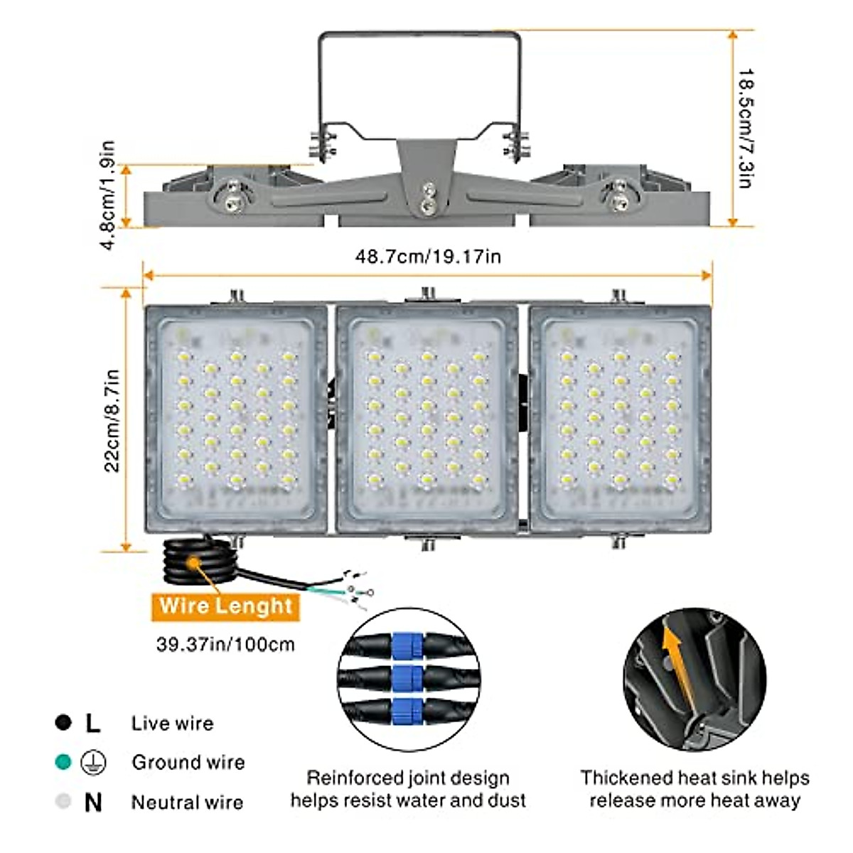 STASUN LED Flood Light Outdoor, 150W 13500lm Outdoor Lighting with 330° Lighting Angle, 5000K, 3 Adjustable Heads, IP66 Waterproof LED Exterior Security Area Lights for Yard, Stadium, Parking Lot