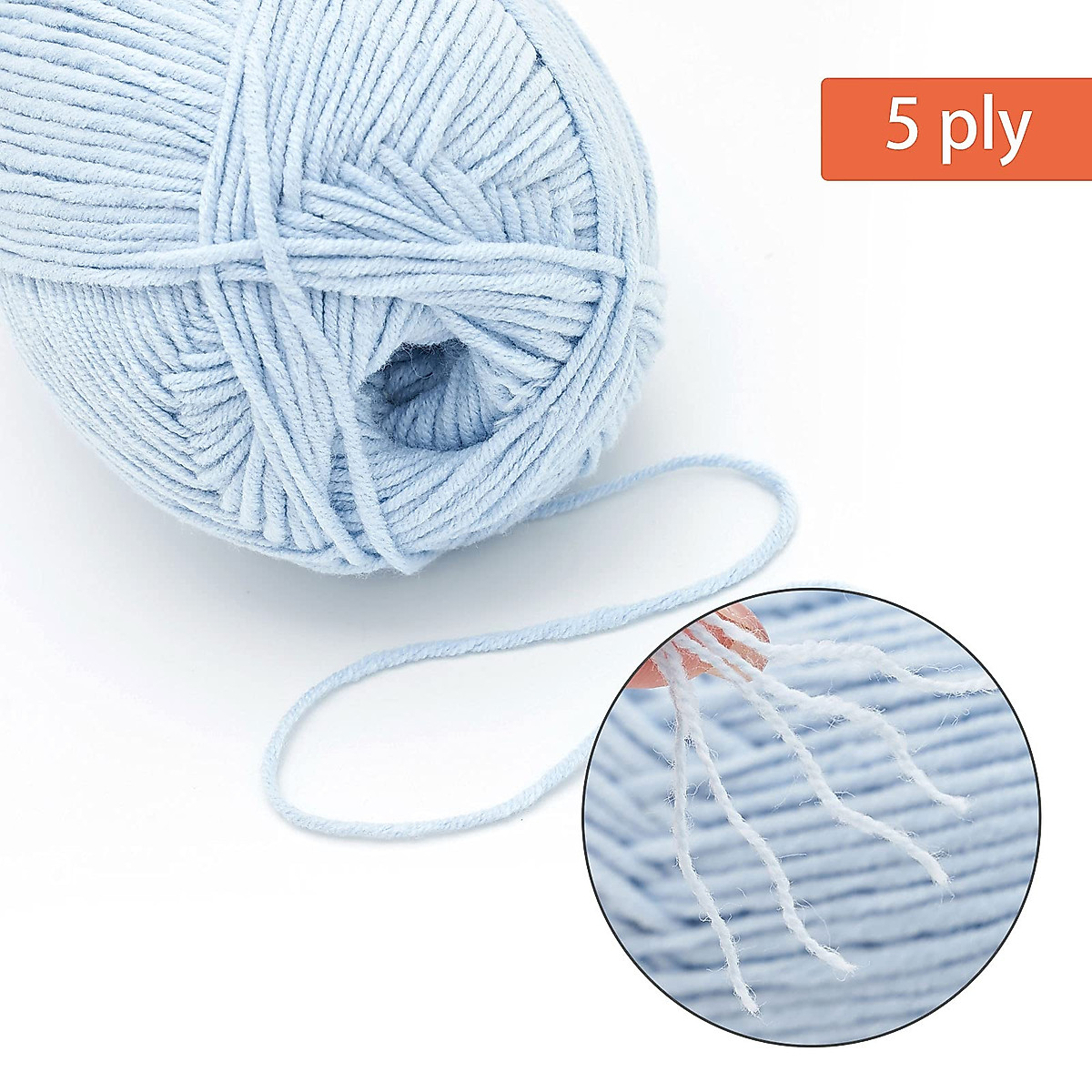 NICEEC 3 Skeins Soft Cotton Yarn 5ply Baby Cotton Yarn for Knitting Crochet Baby Weight Yarn Cotton Blend Yarn Total Length 3×220m(3×240 yds,100g×3)-Light Blue