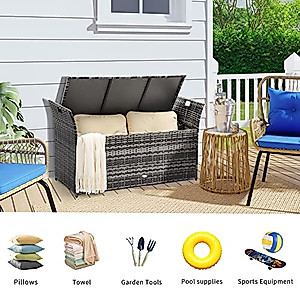 YITAHOME 90 Gallon Outdoor Wicker Storage Bench w/Cushion, Large PE Rattan Deck Storage Box w/Handles & Hydraulics for Patio Furniture, Cushions, Garden Tools, Pool & Sports Equipment, Gray
