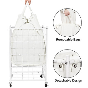 WOWLIVE Laundry Hamper with Wheels,Metal Wire Frame Rolling Laundry Basket with Removable bag,100L Dirty Clothes Hamper Organizer Dorm Room Storage for Bedroom,Bathroom,White