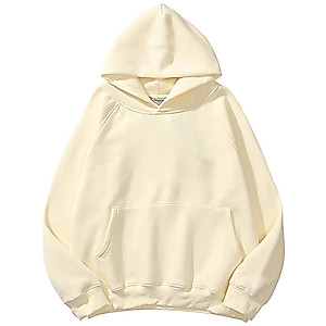 FLYCHEN Men's Solid Color Loose Hoodie Hip Hop Couples Long Sleeve Unisex Sweatshirt Apricot L