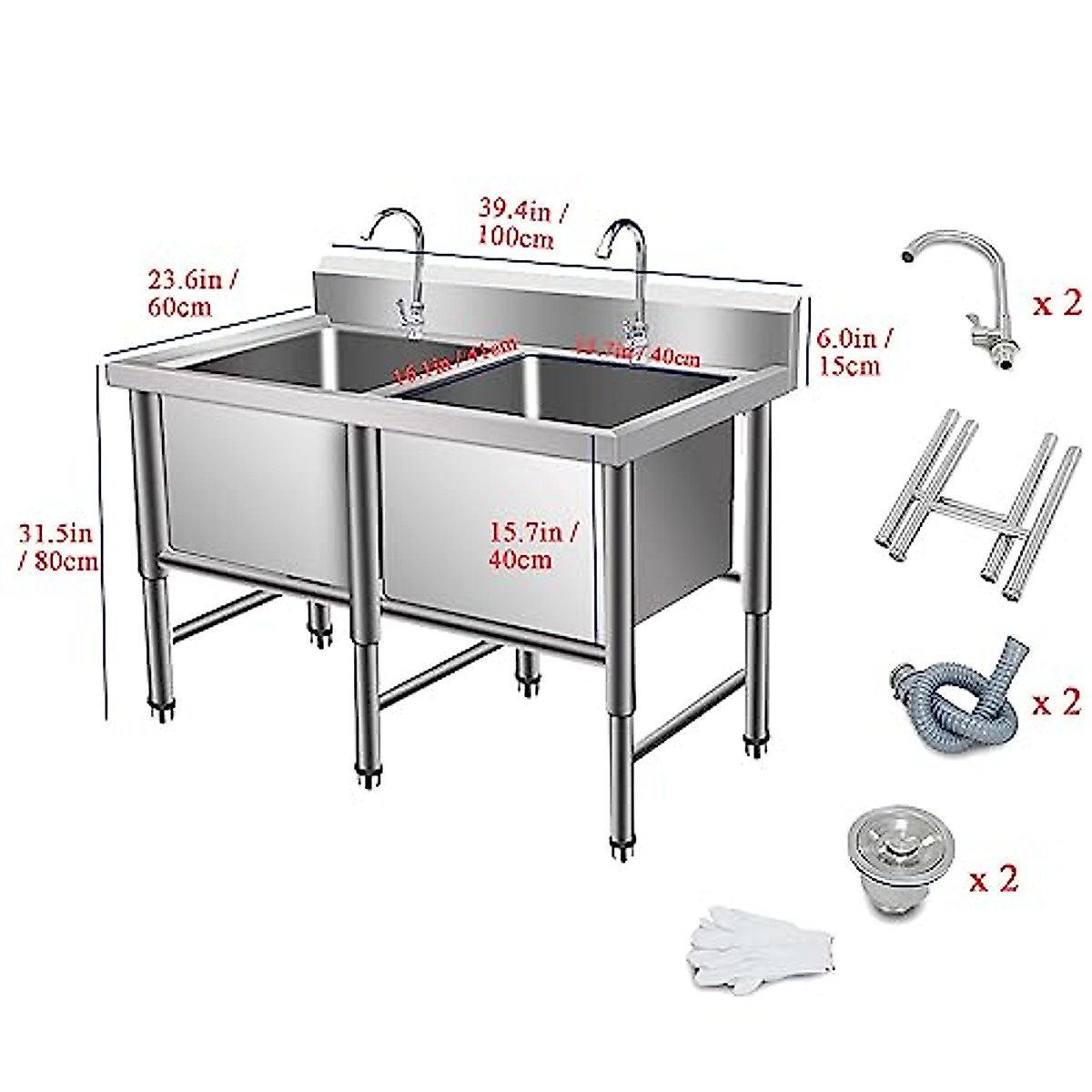 IOXGSGI Commercial 304 Stainless Steel Sink 2 Compartment Free Standing Utility Sink with Faucet Drain Basket Shelf, for Garage, Restaurant, Kitchen, Laundry Room, Outdoor