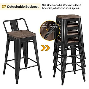 Yaheetech 24'' Metal Bar Stool 4PCS Low Back Conuter Stools for Indoor/Outdoor Barstools w/Wooden Seat Metal Leg Industrial Counter Height Black