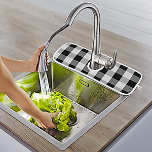 White and Black Buffalo Plaid Faucet Water Catcher Mat 2 Pack Classic Buffalo Check Drying Mat Absorbent Bathroom Faucet Handle Drip Catcher Tray Bar RV Kitchen Sink Splash Guard 23x5 Inches