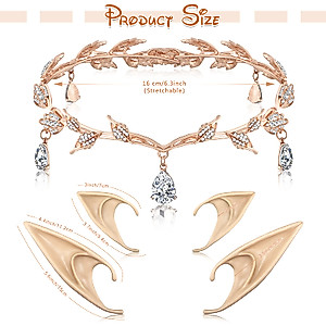 Hicarer Fairy Crown Pixie Elf Ears Cosplay Set Rhinestone Leaf Tiara Elf Ears Cuffs for Renaissance Medieval Halloween(Classic)