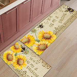 Sunflowers Kitchen Mats for Floor Cushioned Anti Fatigue 2 Piece Set Kitchen Runner Rugs Non Skid Washable Wood Bee Country Theme