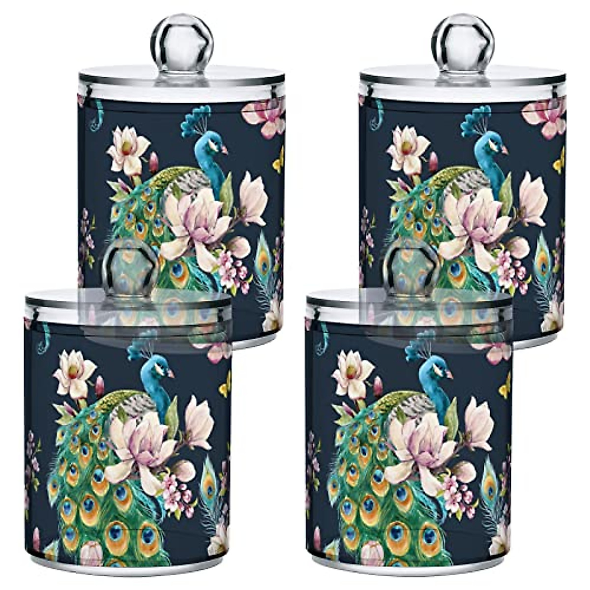 xigua 2 Pack Elegant Floral Peacock Apothecary Jars with Lid, Qtip Holder Storage Containers for Cotton Ball, Swabs, Pads, Clear Plastic Canisters for Bathroom Vanity Organization (10 Oz)