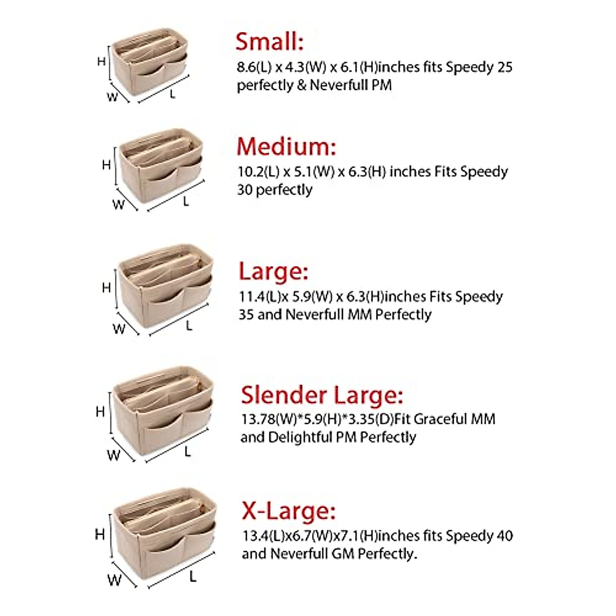 LEXSION Felt Purse Bag Organizer Insert with zipper Bag Tote Shaper Fit Speedy Neverful PM MM 8021 Beige L