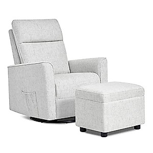 Evolur Aria Upholstered Plush Seating Swivel with Ottoman Greenguard Gold Certified Glider Chair for Modern Nursery, with Side Pockets, Tool-Free Assembly, Easy to Clean, Fog Grey