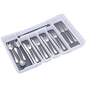 CiWiVOKi Utensil Drawer Organizer, Expandable Silverware Organizer for Kitchen Drawer, Large Cutlery Tray Flatware Holder, Plastic Kitchen Storage for Spoons Knives Forks, 7-Slots, White/Grey