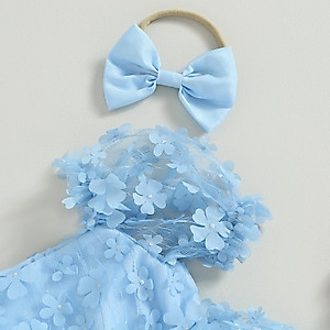 VISGOGO Baby Girl Tulle Dress Romper Sleeveless Onesie Knot Pleated Bodysuit Newborn Mesh Princess Outfits (D-Blue, 3-6 Months)