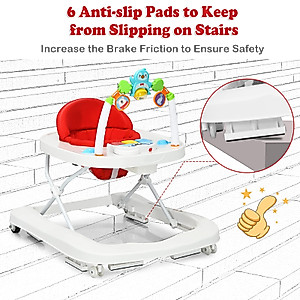 INFANS Foldable Activity Baby Walker, 2 in 1 Anti-Rollover Toddler Walker Helper with Adjustable Height and Speed Safety Belt, Music Center for Boys and Girls (Red)