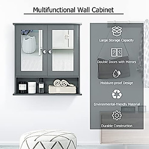 Tangkula Bathroom Cabinet Wall Mounted with Double Mirror Doors, Wood Hanging Cabinet with Doors and Shelves, Bathroom Wall Mirror Cabinet (Gray)