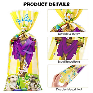 Fovths 100 Pack Easter Treat Bags Plastic Easter Candy Bags, Inspiring He is Risen Sign Clear Cellophane Candy Treat Bags with 100 Piece Gold Twist Ties for Easter Theme Bible School Party Favors