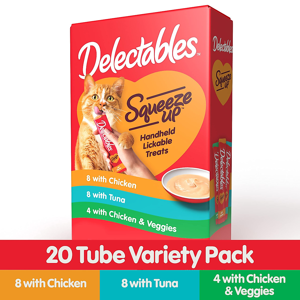 Delectables Squeeze Up Variety Pack, Creamy Squeezable Puree, Lickable Wet Cat Treats, Grain Free, No Added Fillers, No by-Products, No Added Preservatives, 0.5 Ounces Tube, 20 Tubes Total