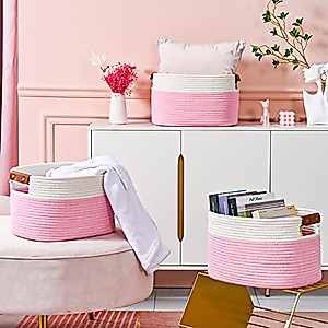 ECDYQXVU 1 Pack Cotton Rope Storage Baskets,15x10x9in,Collapsible Storage Bins, Decorative Woven Basket Cube Storage Organizer for Laundry, Towel, Clothes, Cosmetics, Books(White/Pink)