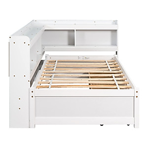DEINPPA Twin Size Bookcase Bed, L Shape Captain Bed Frame with Storage Drawers, Wooden Platform Bed with Bookcase Headboard, Hug Bed Frame for Kids Teens Boys Girls-White