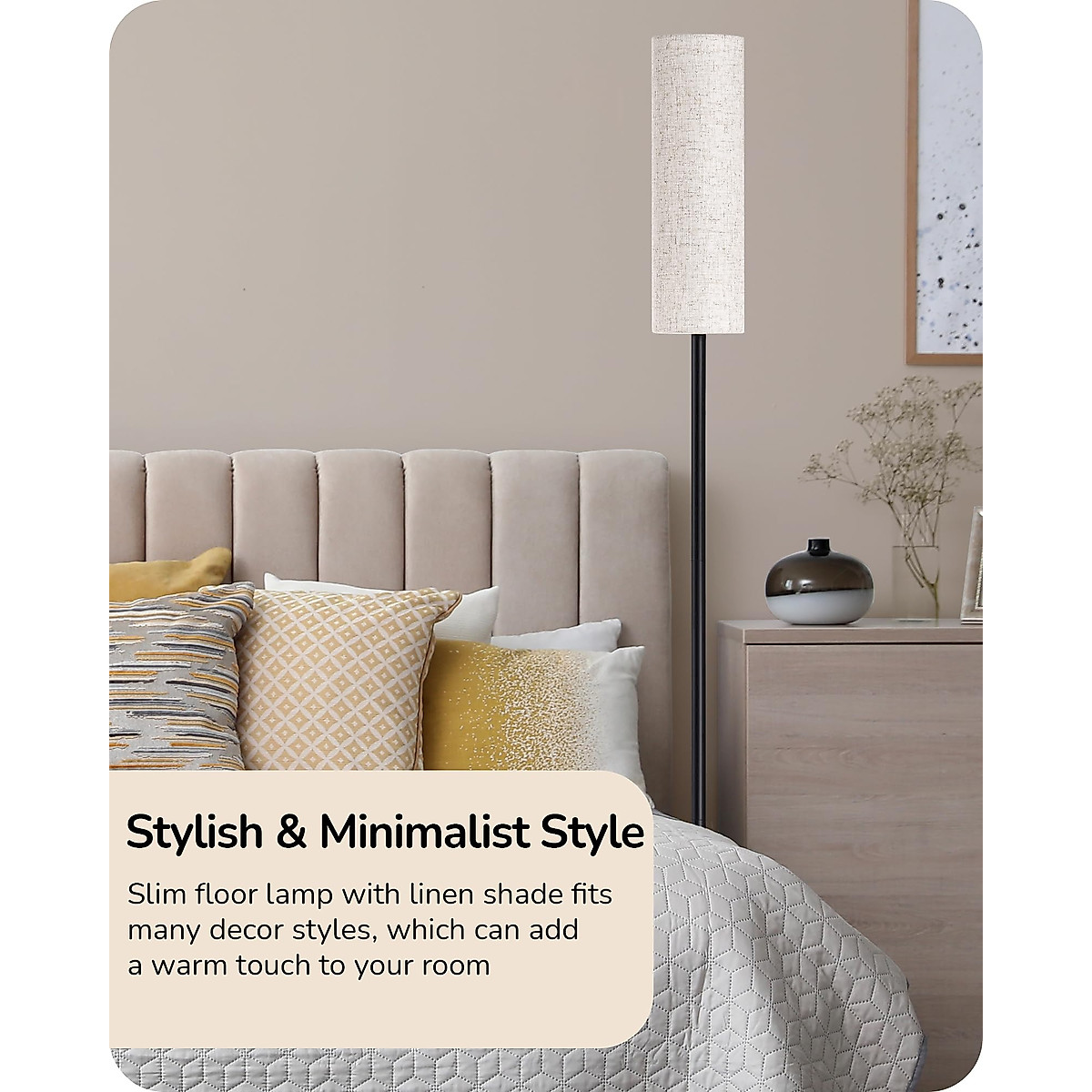 EDISHINE LED Corner Floor Lamp for Living Room, 65" Standing Tall Reading Lamp with Remote, Minimalist Dimmable Pole Lighting for Bedroom, Office, Kids Room, Bulb Included, 2700K-6000K (Black)