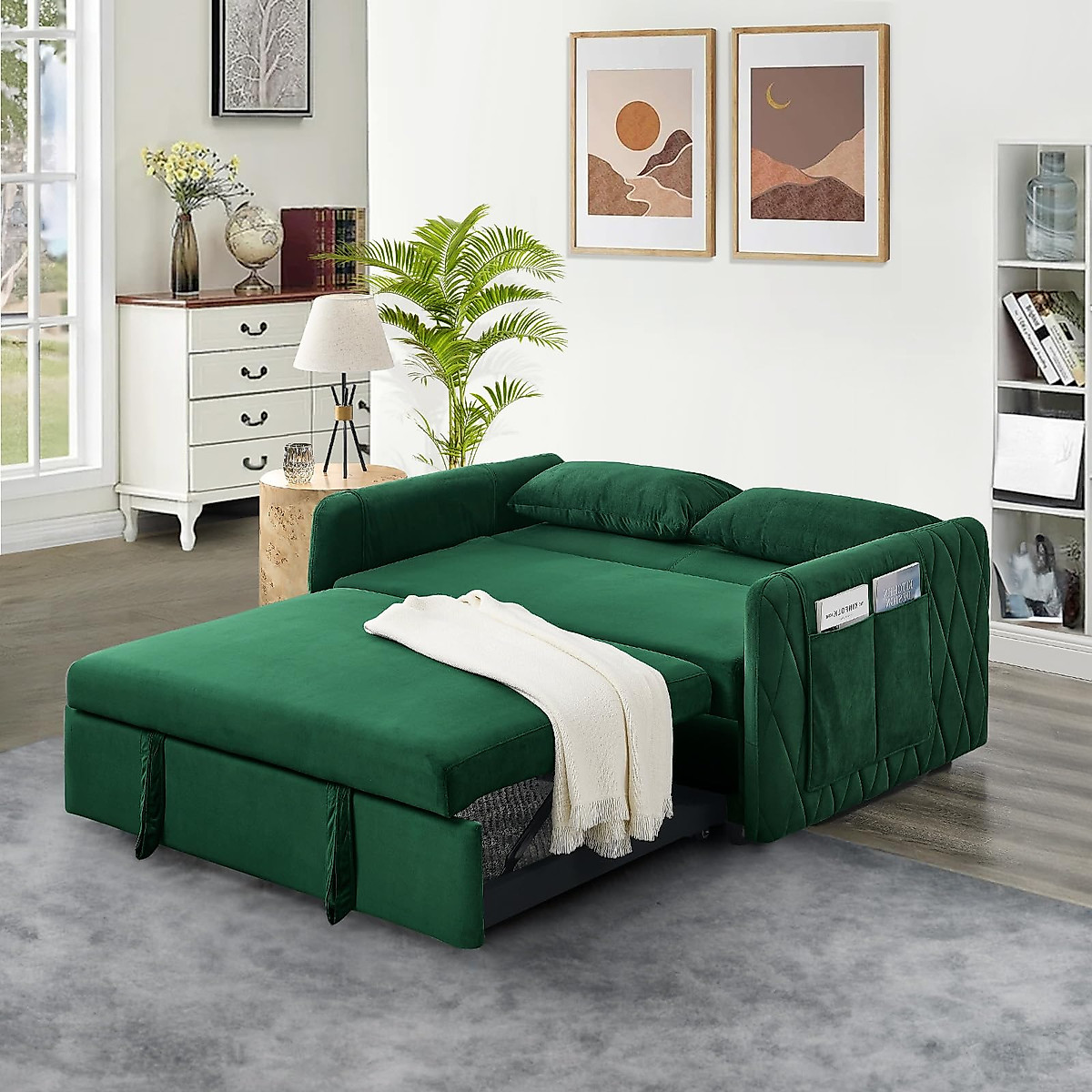 JEEOHEY 3 in 1 Convertible Sleeper Sofa Couch with Pull Out Bed,55" Modern Velvet Sofa Bed with Ajustable Backrest & Side Pocket,Tufted Loveseat Chaise Lounge for Livingroom,Office,Small Palces(Green)